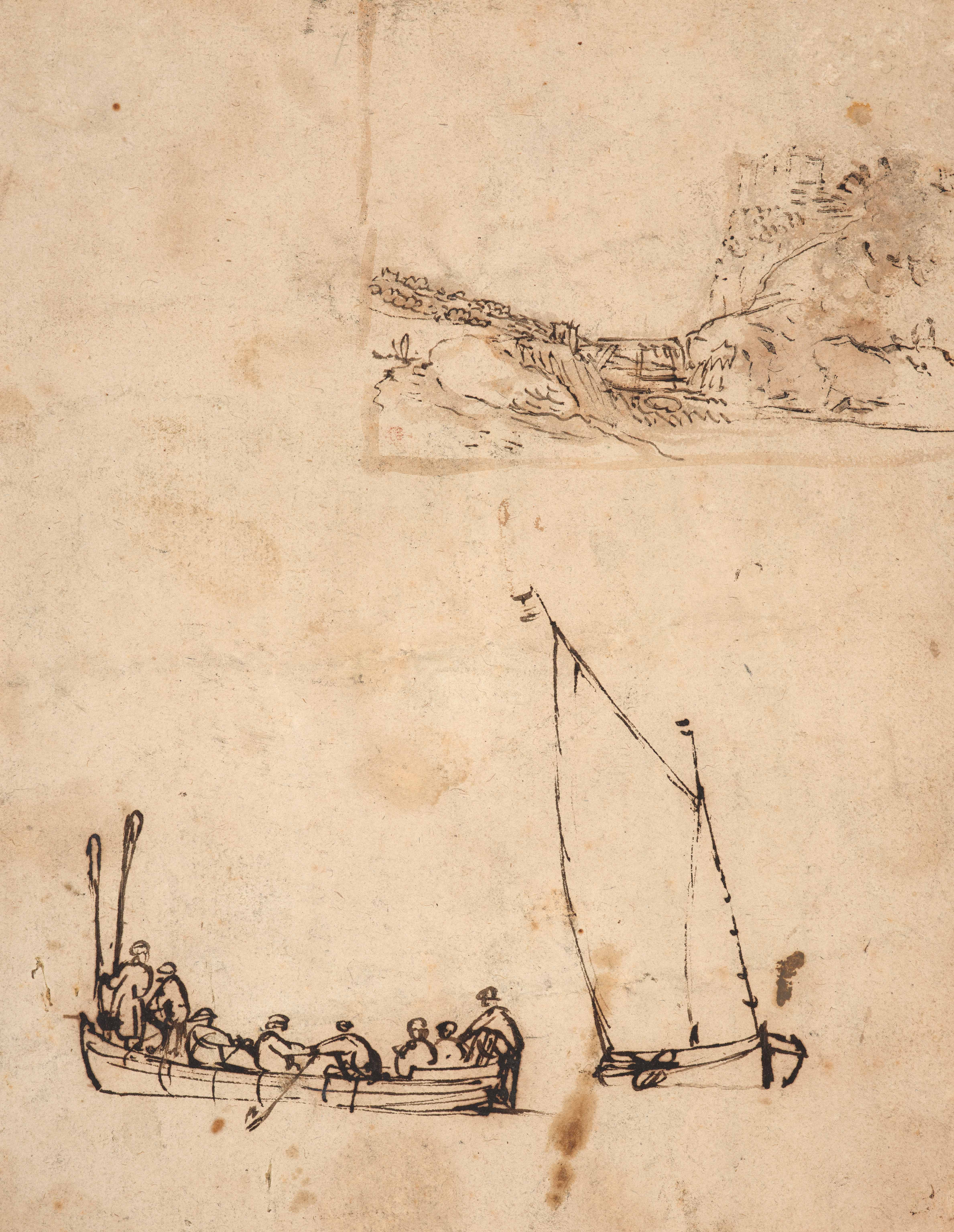 Feuille d’études aux barques, paysages et mâts, recto-verso